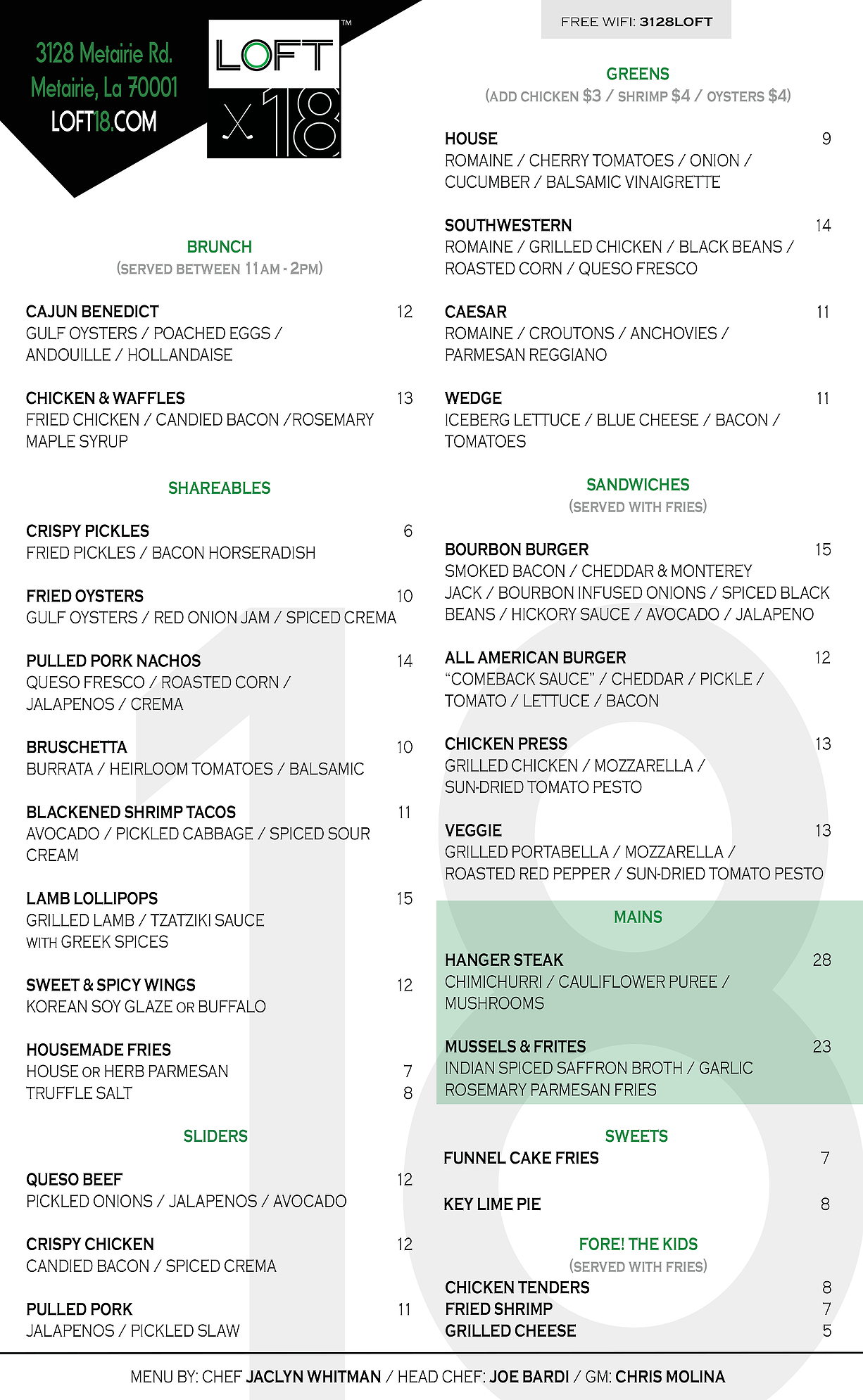 Loft18 | Menu | NewOrleansRestaurants.com